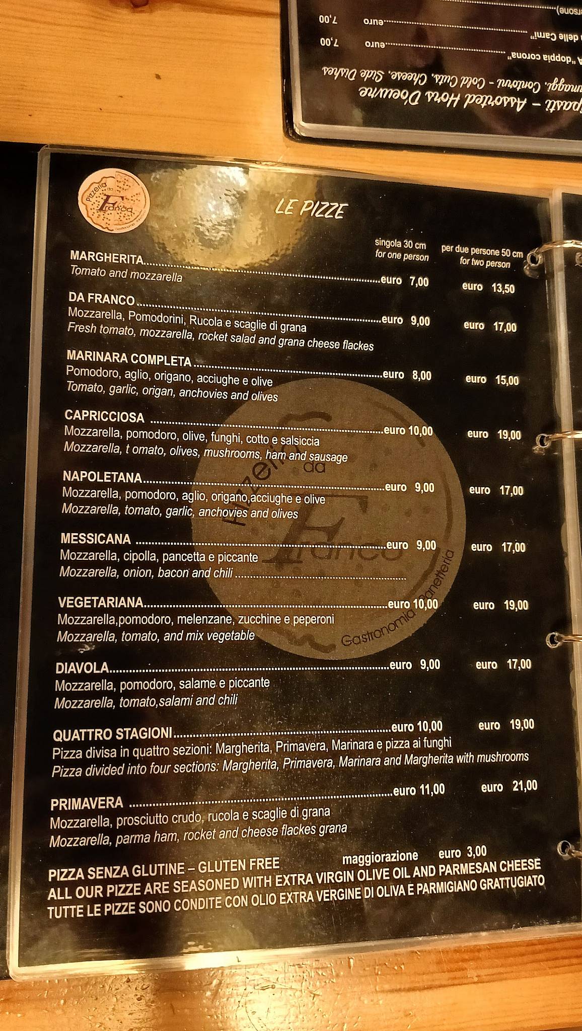 Menu at Pizzeria da Franco, Sorrento, Corso Italia