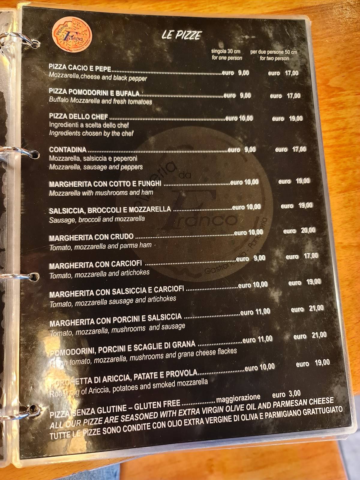 Menu at Pizzeria da Franco, Sorrento, Corso Italia