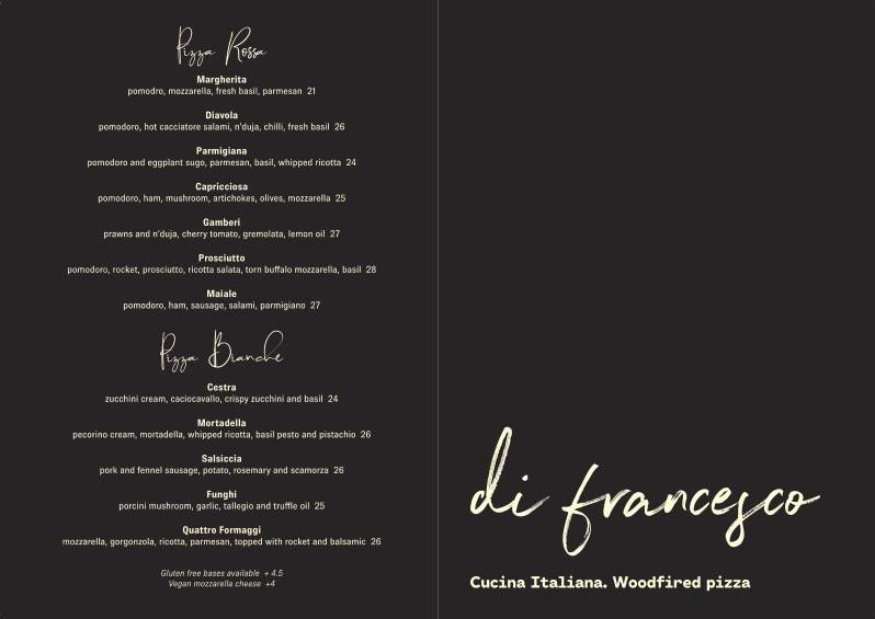 Menu at di francesco Cucina Italiana Woodfired Pizza pizzeria, Deepdene