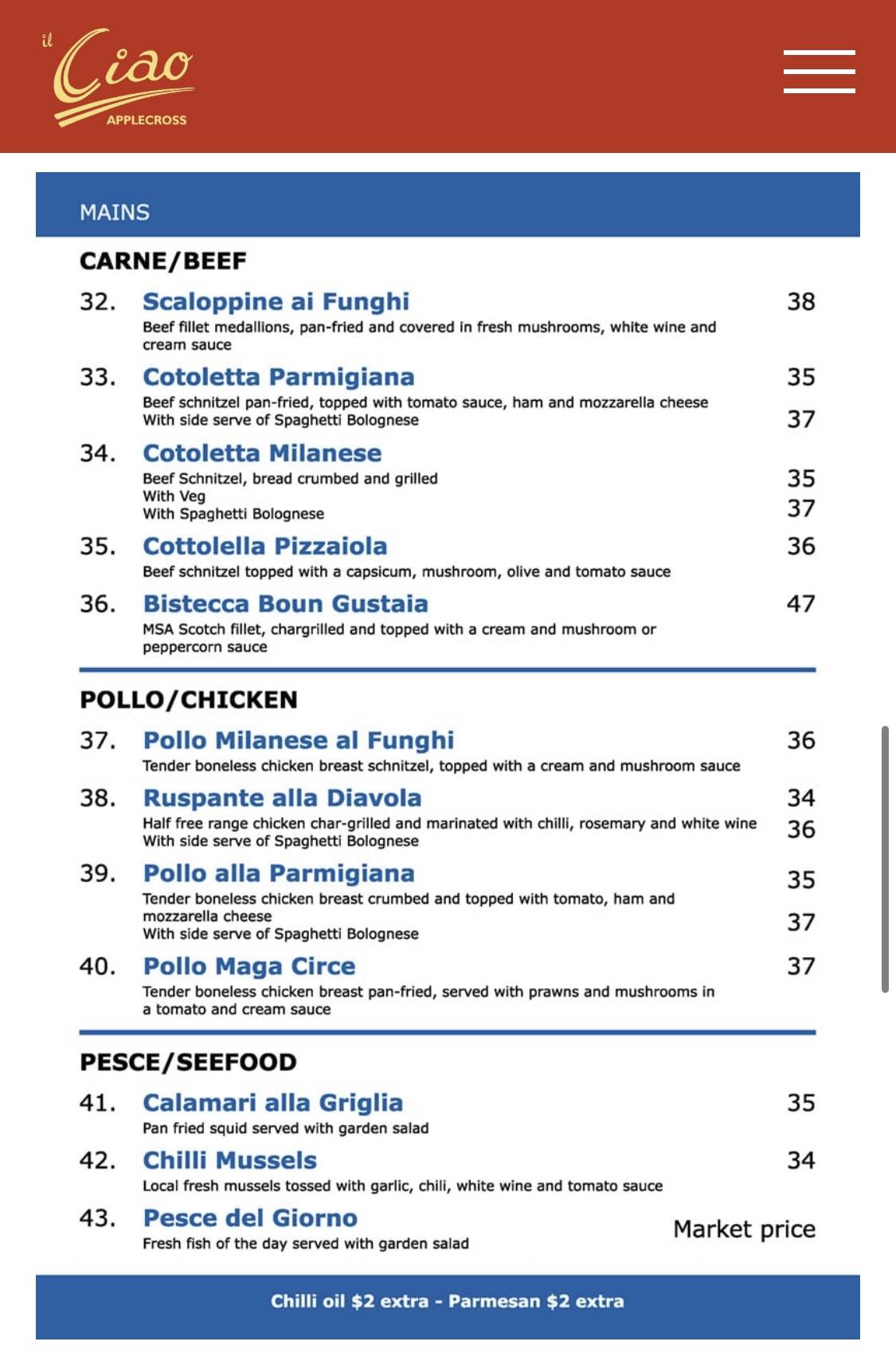 Menu at il Ciao Applecross pizzeria, Applecross