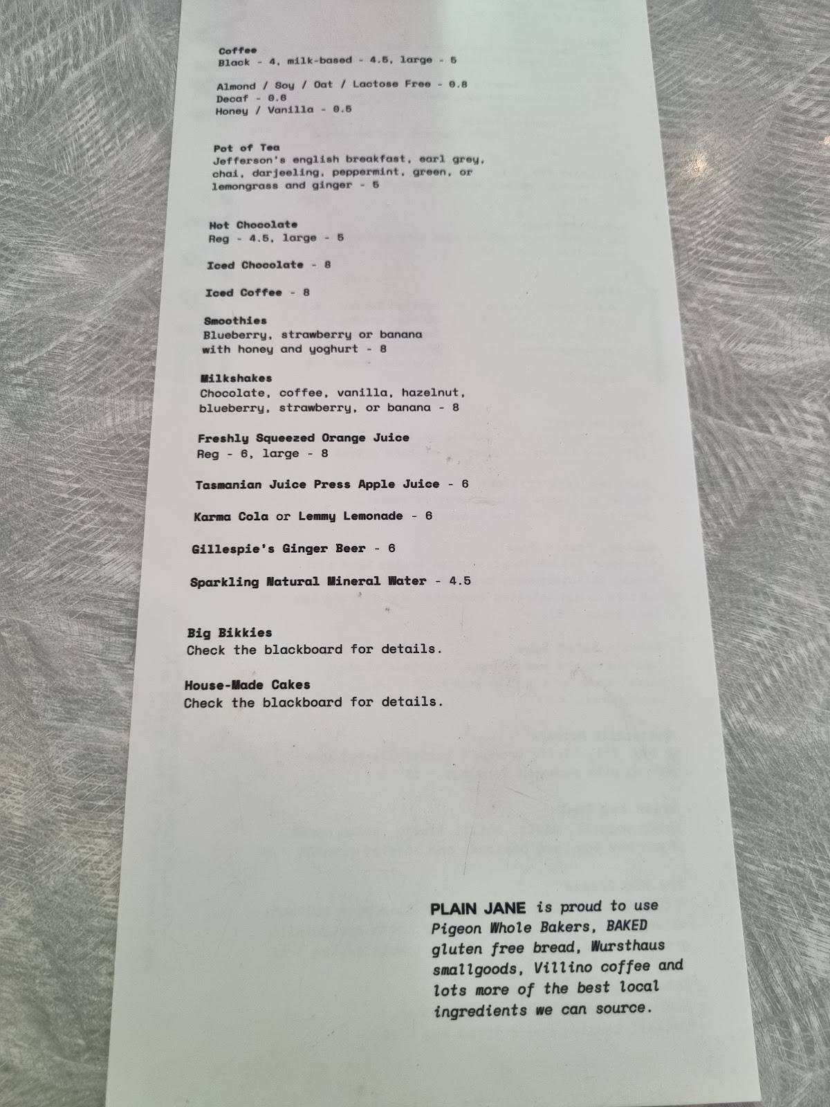 Menu at Plain Jane cafe, Moonah