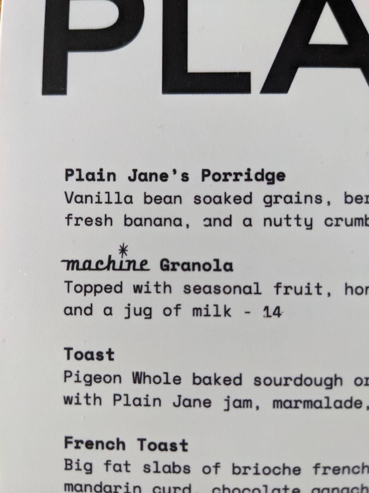 Menu at Plain Jane cafe, Moonah