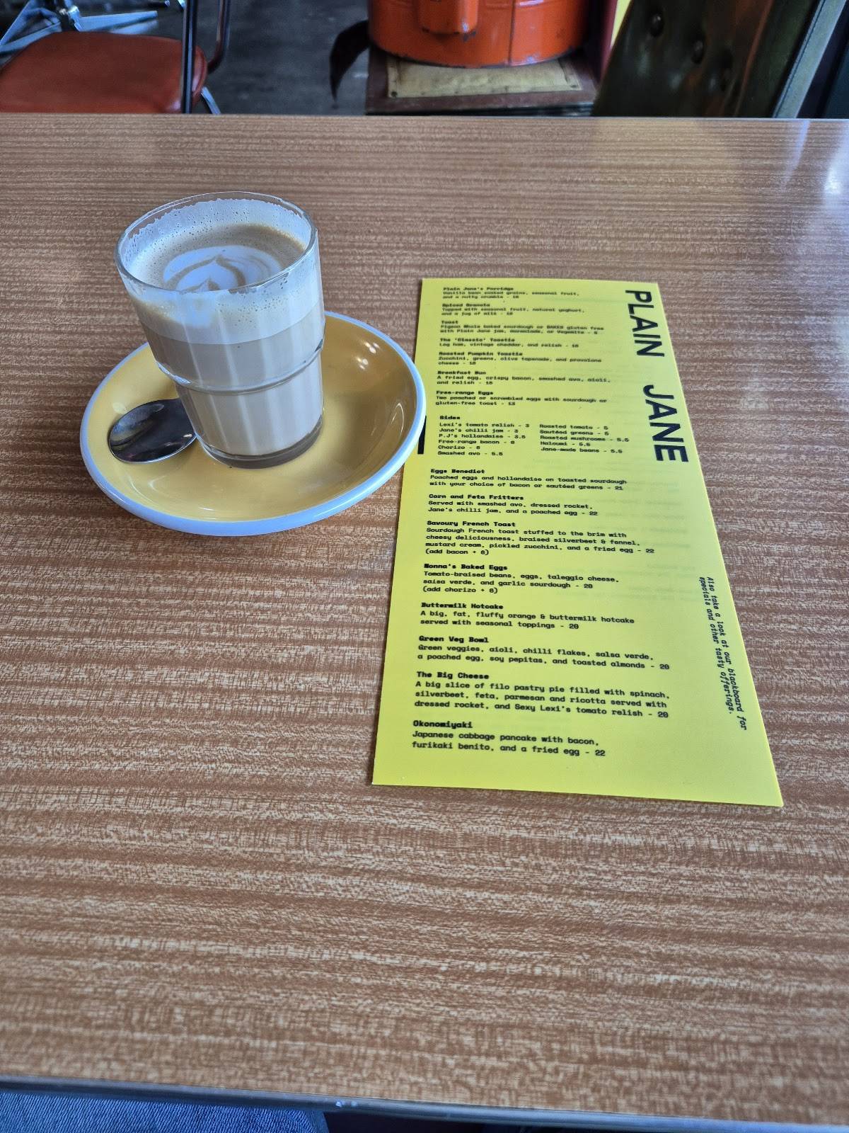 Menu at Plain Jane cafe, Moonah