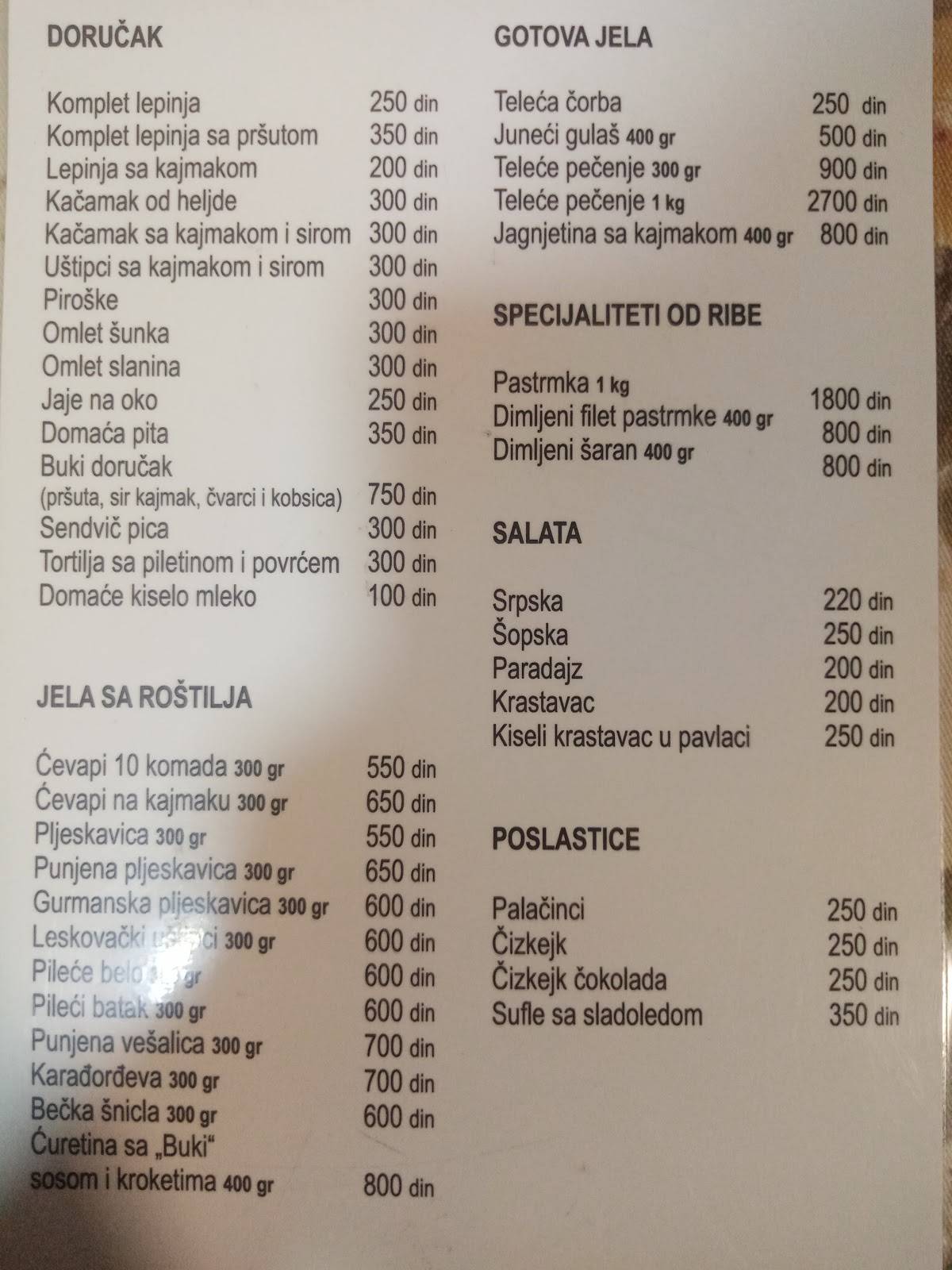 Menu au Planinski Restoran restaurant, Zlatibor