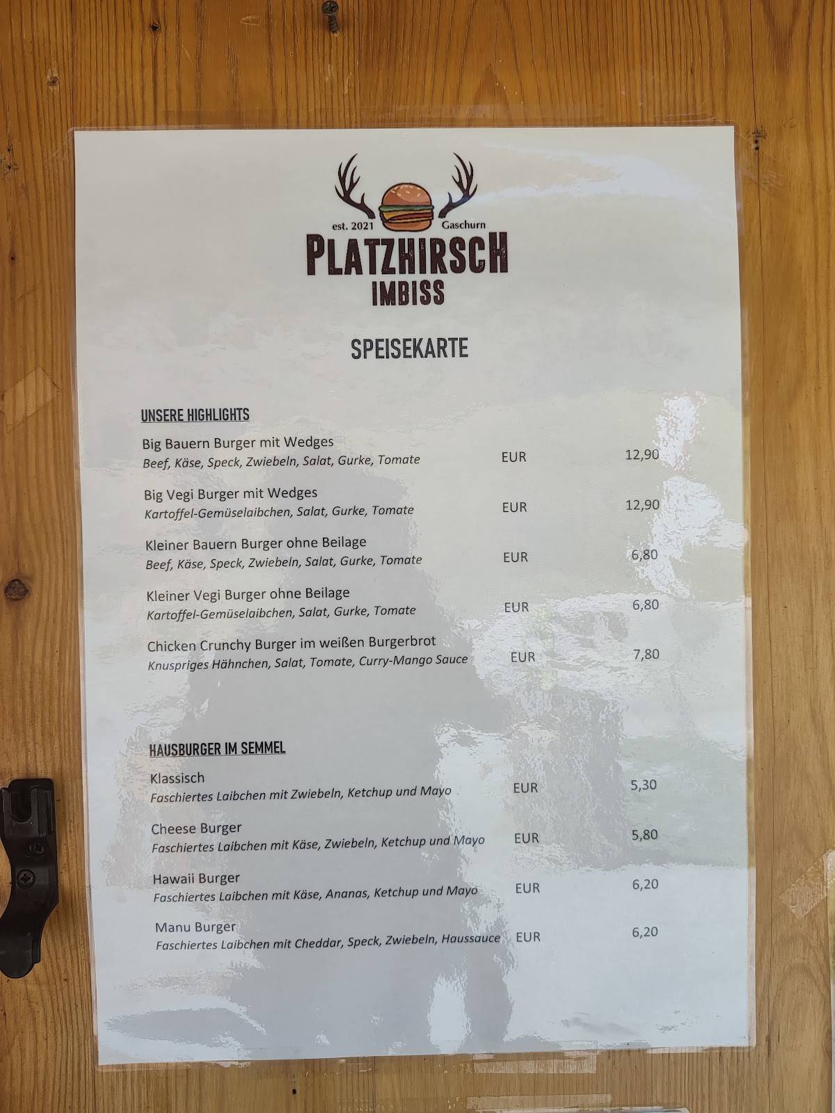 Speisekarte von Platzhirsch-Imbiss restaurant, Gaschurn