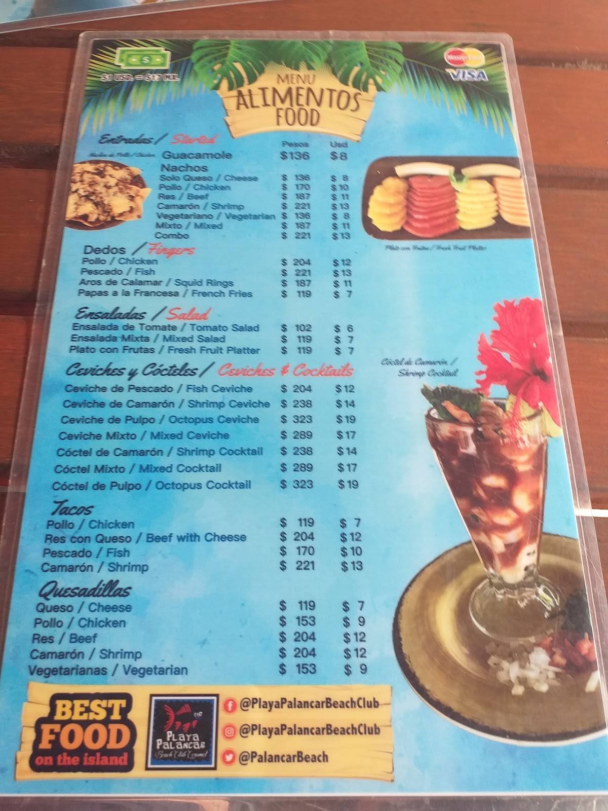 Menu at Playa Palancar Cozumel Beach Club, Mexico
