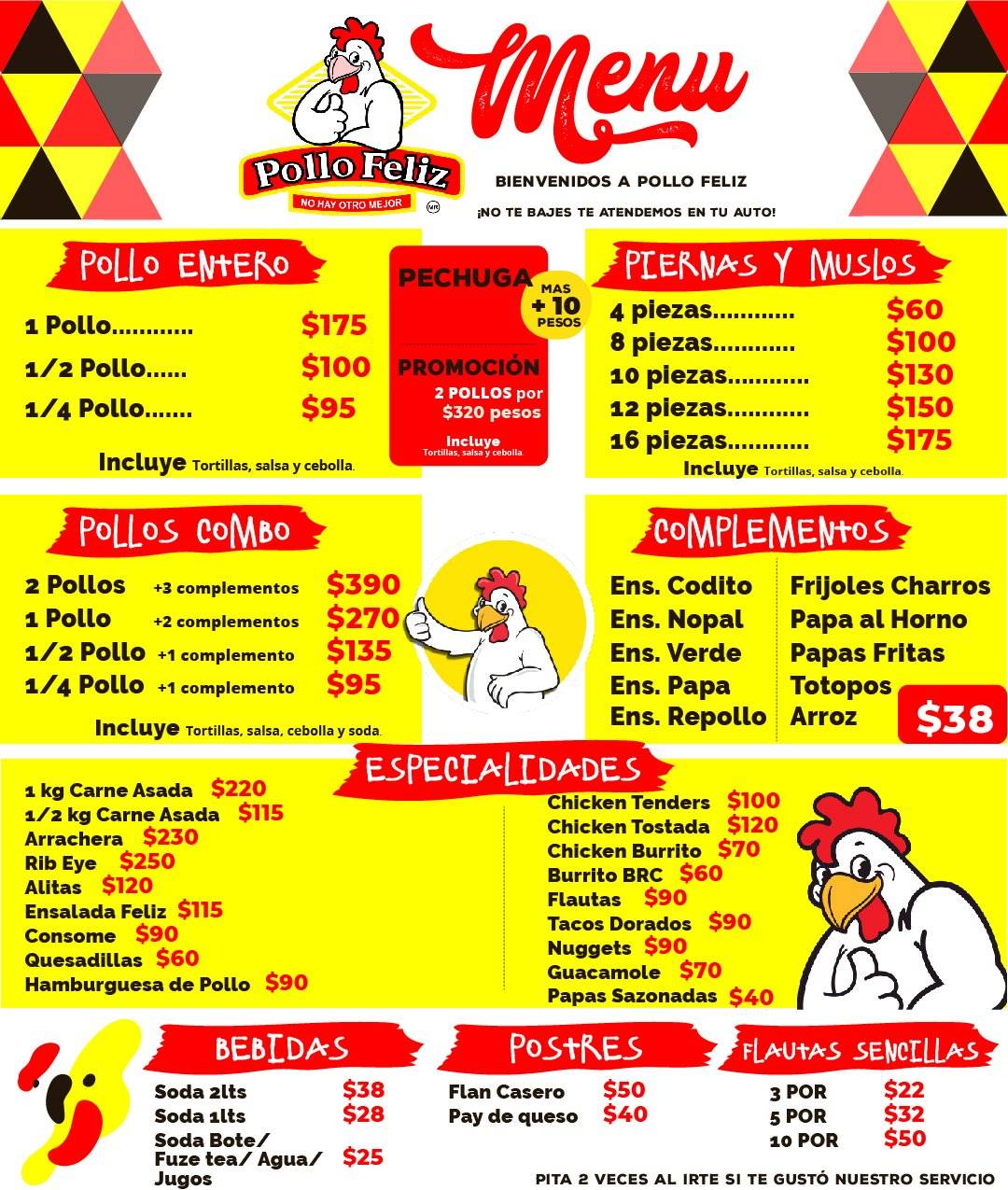 Menu at Pollo Feliz restaurant, Tecate, Dr. Arturo Guerra F. 20