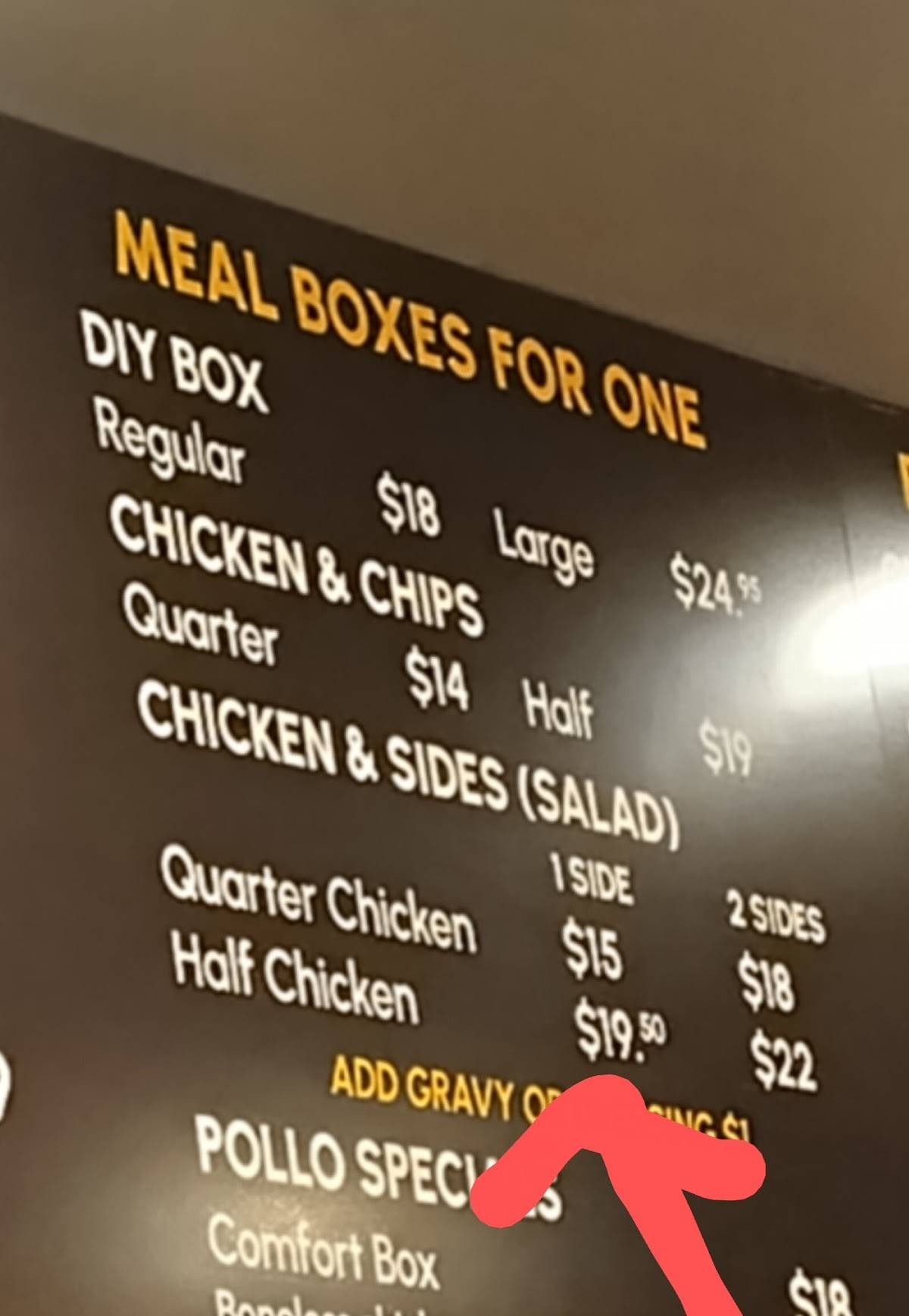 Menu at Pollo rotisserie restaurant, Geelong West