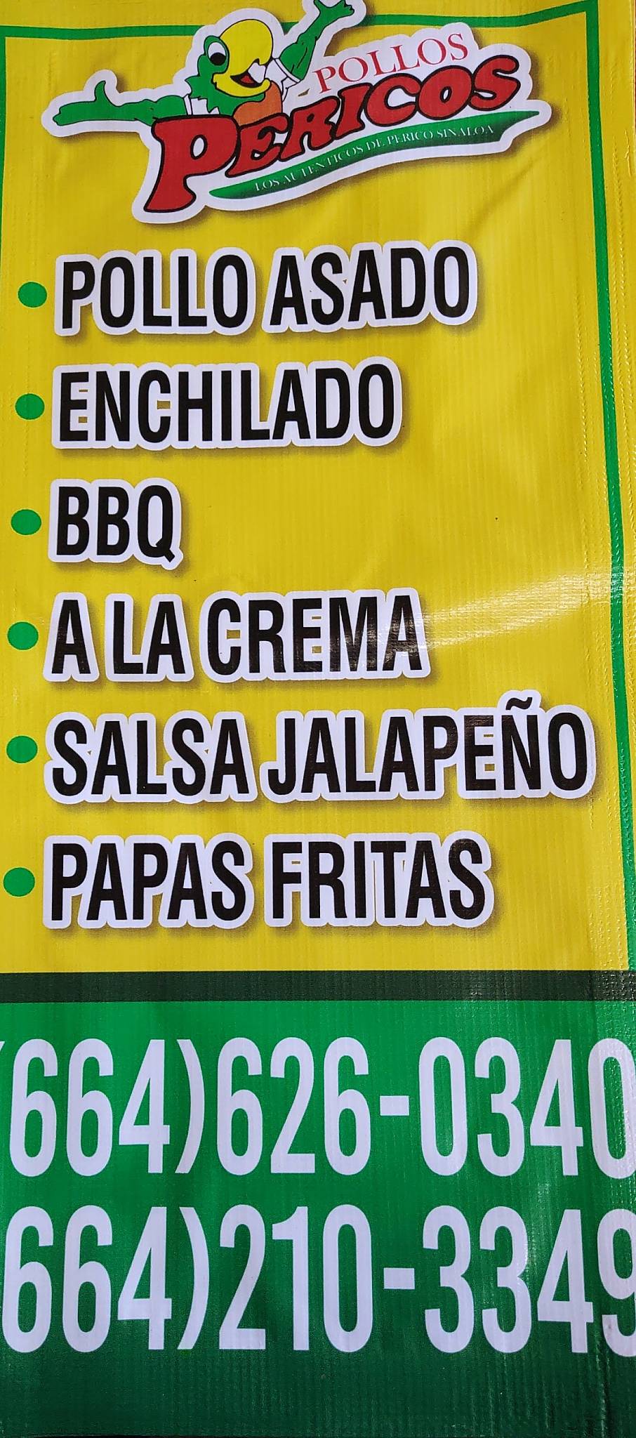 Menu at Pollos Pericos restaurant, Tijuana, Av. Sánchez Taboada 9264
