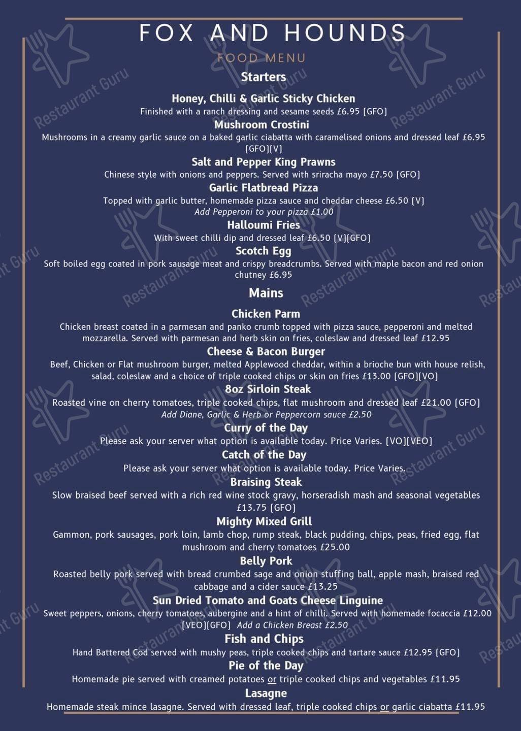 Menu at The Fox and Hounds restaurant, Pontefract, Doncaster Road