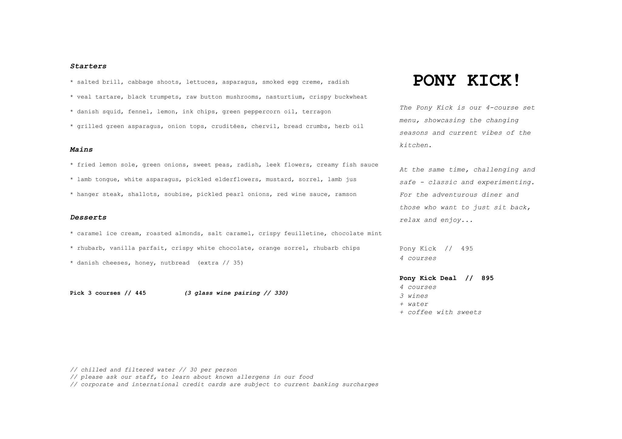 Menu at Pony restaurant, Copenhagen, Vesterbrogade 135