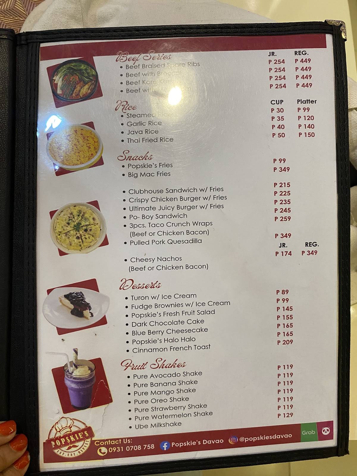 Menu at Popskie's Davao restaurant, Davao City