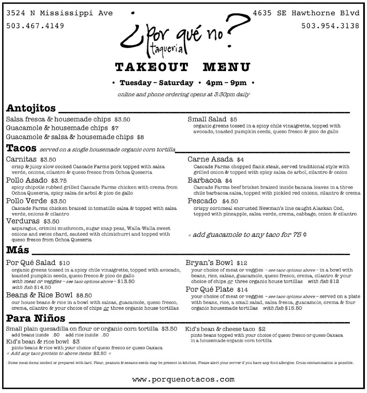 Menu at ¿Por Qué No? restaurant, Portland, SE Hawthorne Blvd
