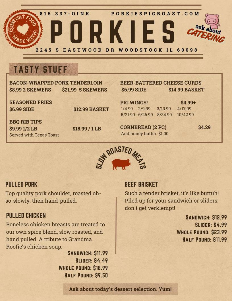Menu at Porkies Pig Roast & Catering restaurant, Woodstock, S Eastwood Dr