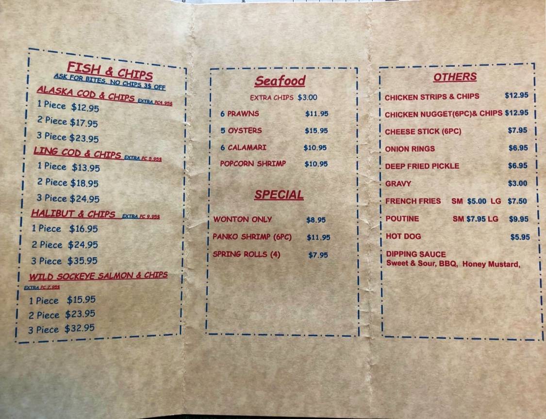 Menu at Turtle Island Fish & Chips restaurant, Port Alberni, Argyle St ...