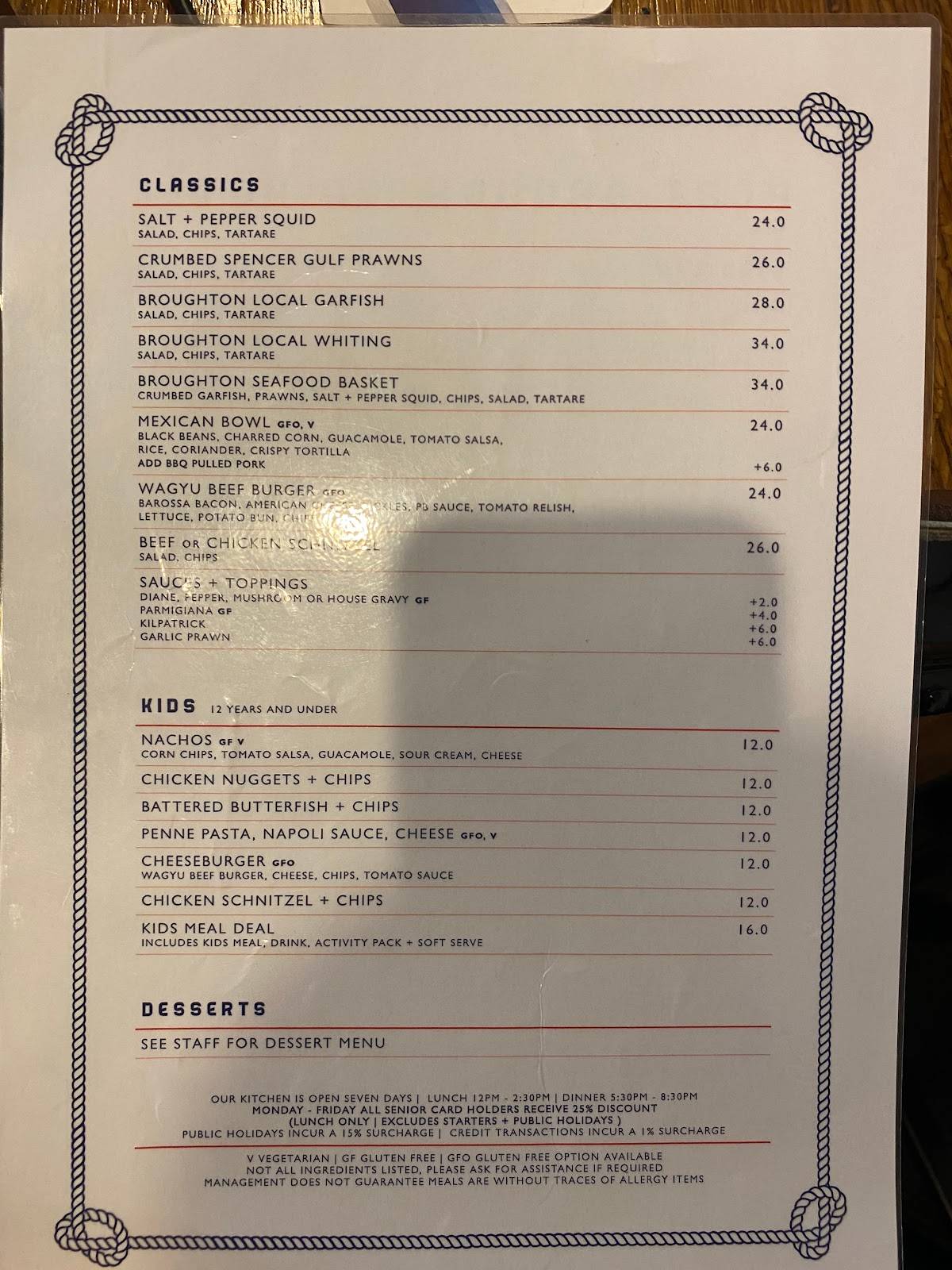 Menu at Port Broughton Hotel pizzeria, Port Broughton