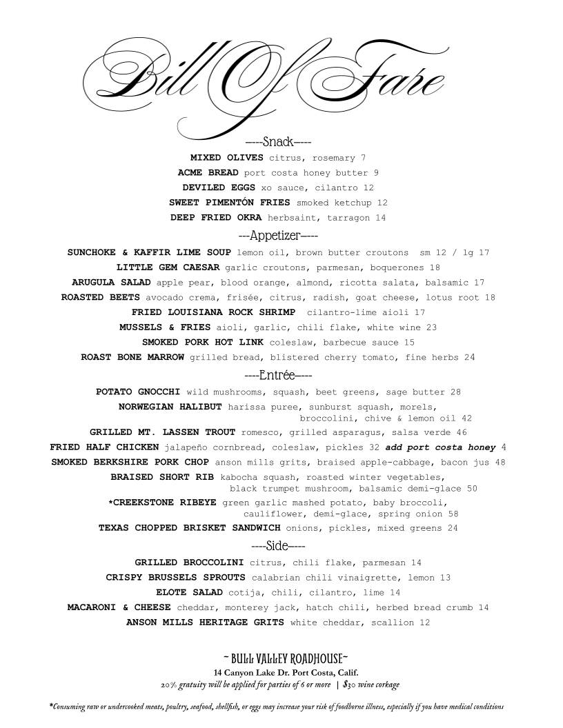 Menu at Bull Valley Roadhouse restaurant, Port Costa