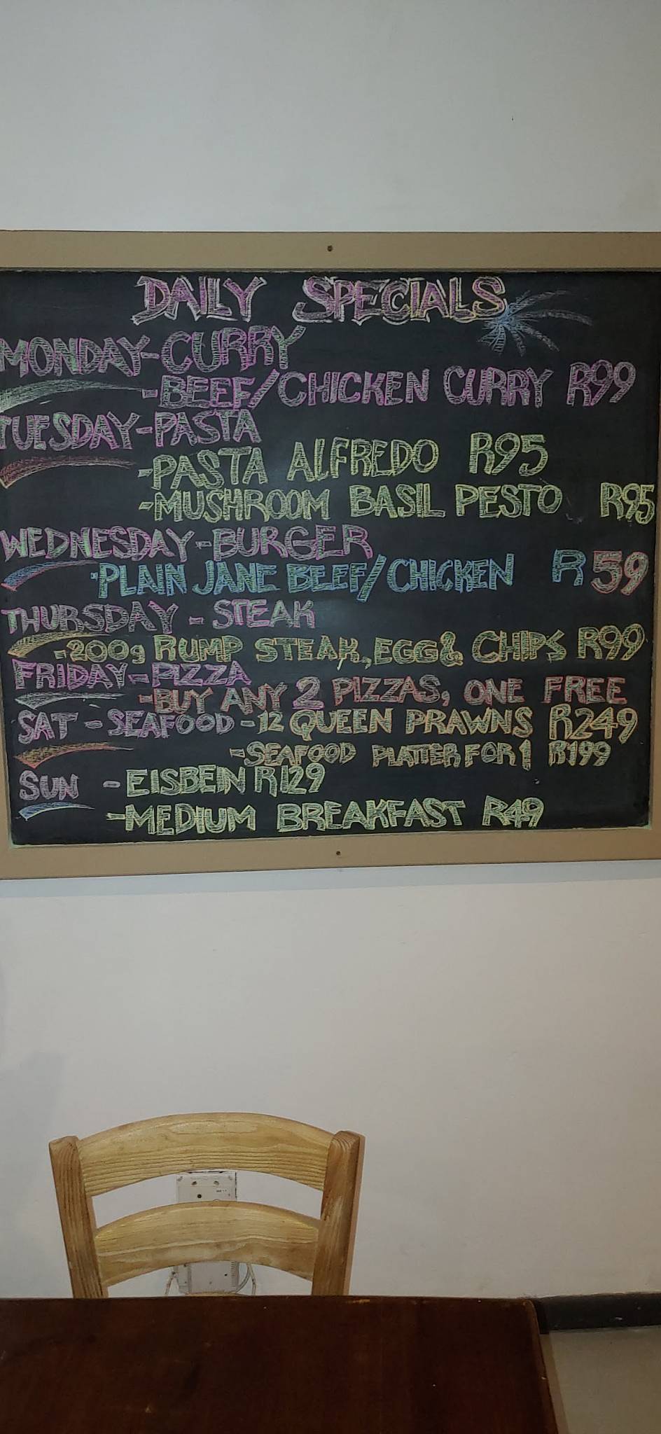 Menu at The Wreck restaurant, Port Edward