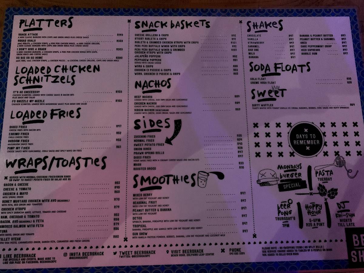 Menu at BeerShack pub & bar, Port Elizabeth, Dolphin's Leap