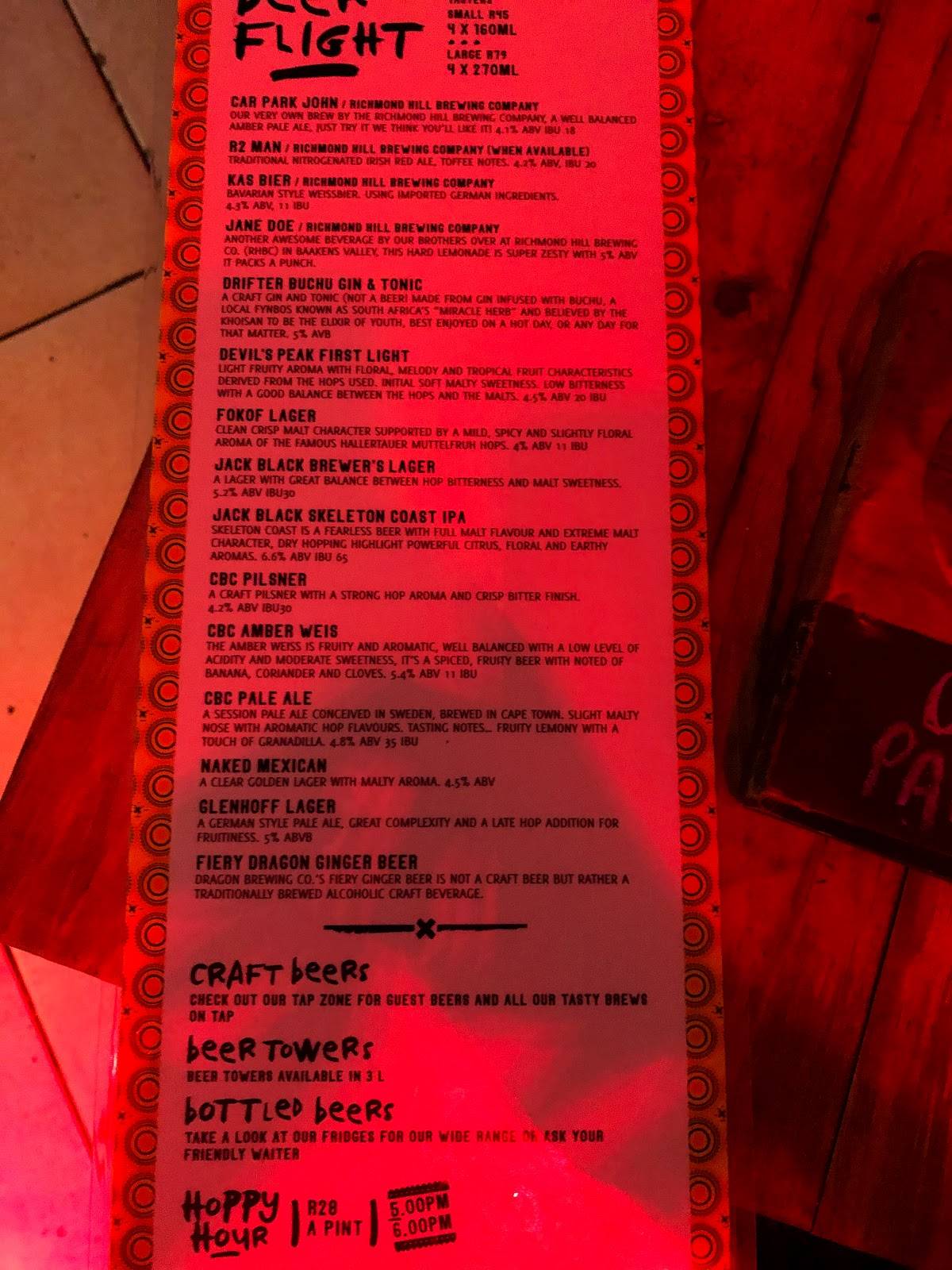Menu at BeerShack pub & bar, Port Elizabeth, Dolphin's Leap
