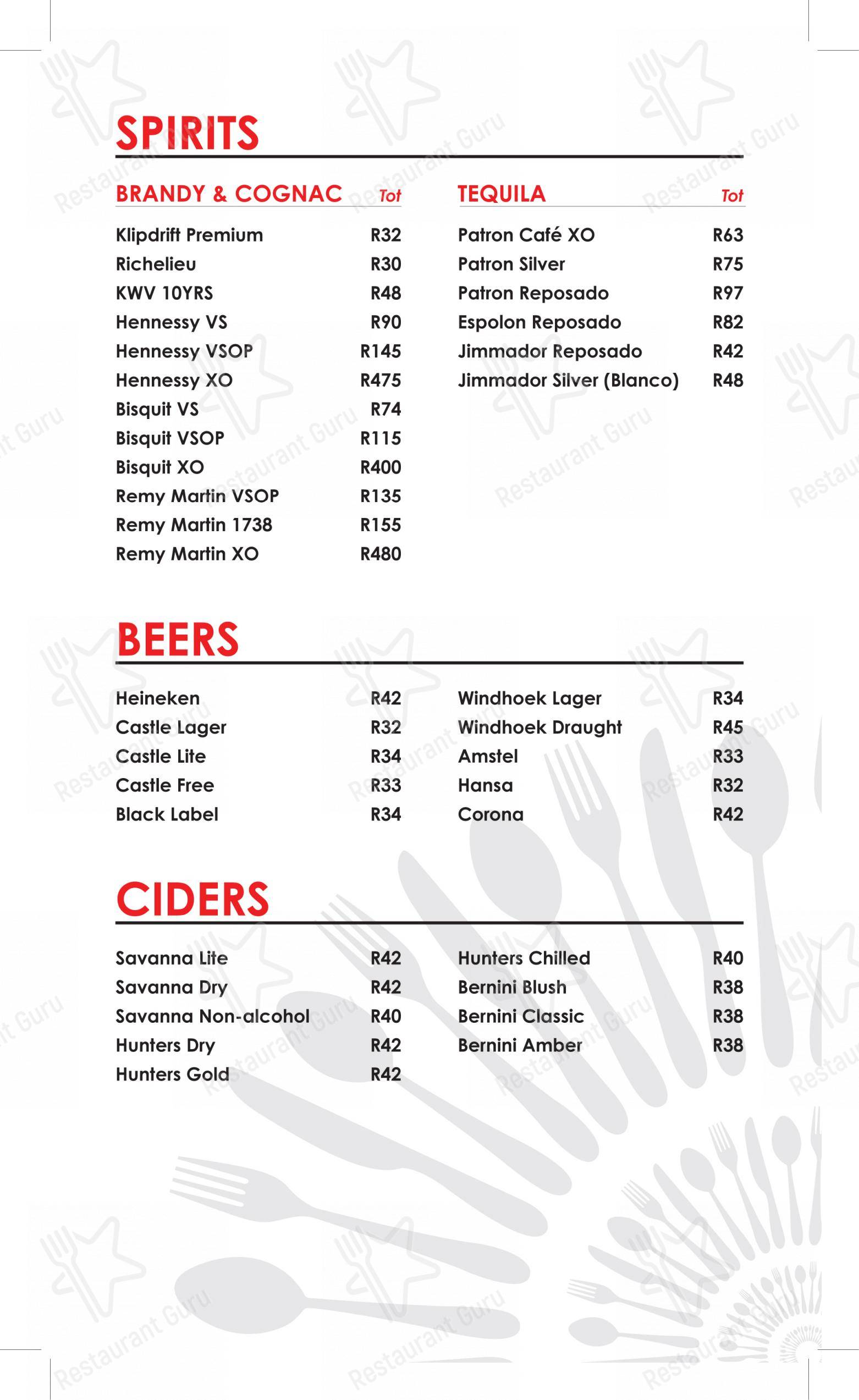 Menu at Tabú Grill Bar and Lounge, Port Elizabeth