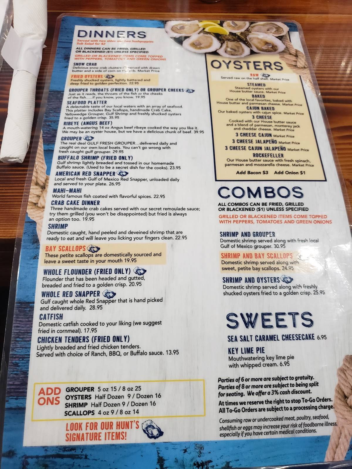 Menu at Hunt's on St Joe Bay restaurant, Port Saint Joe
