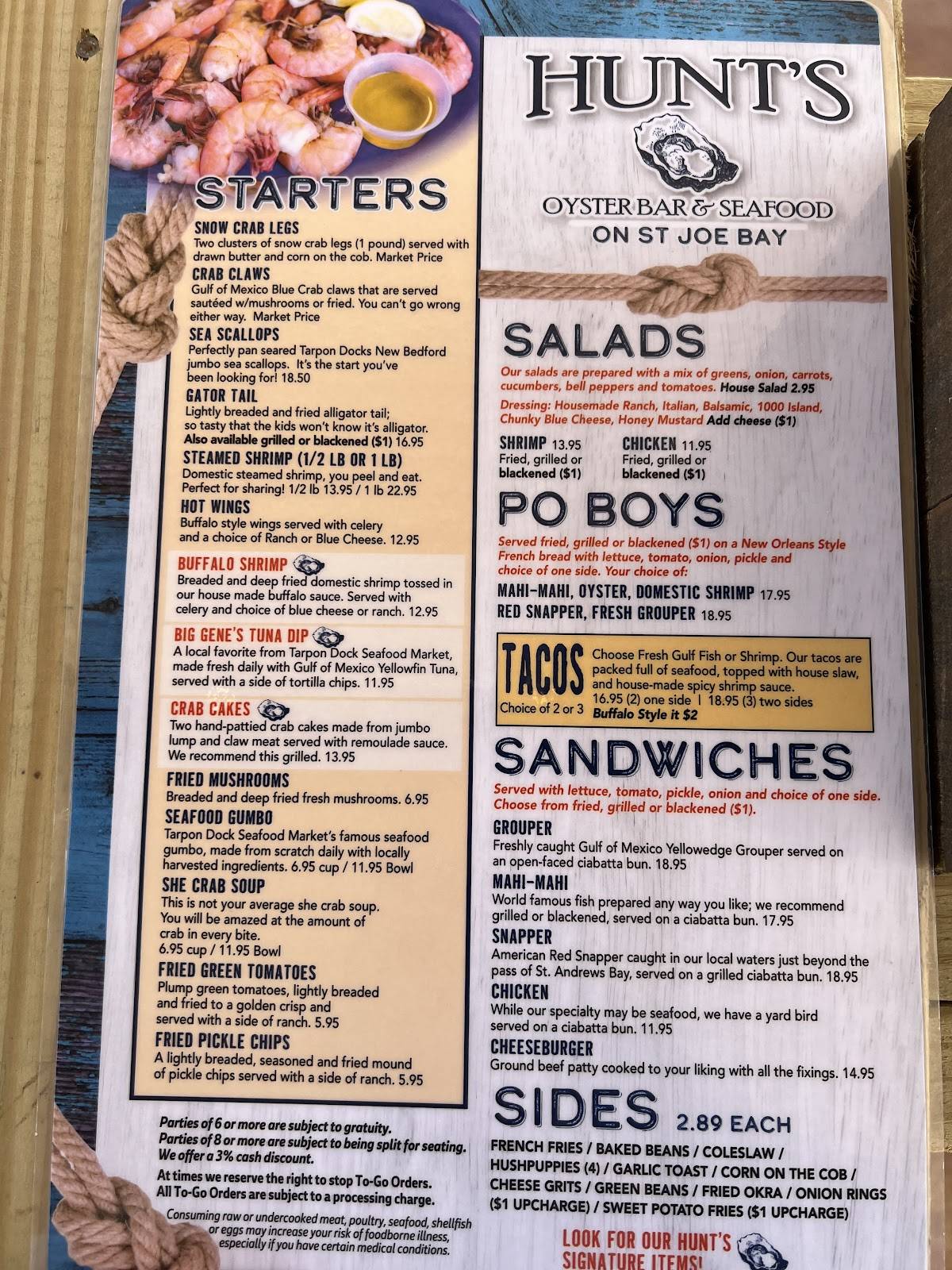 Menu at Hunt's on St Joe Bay restaurant, Port Saint Joe
