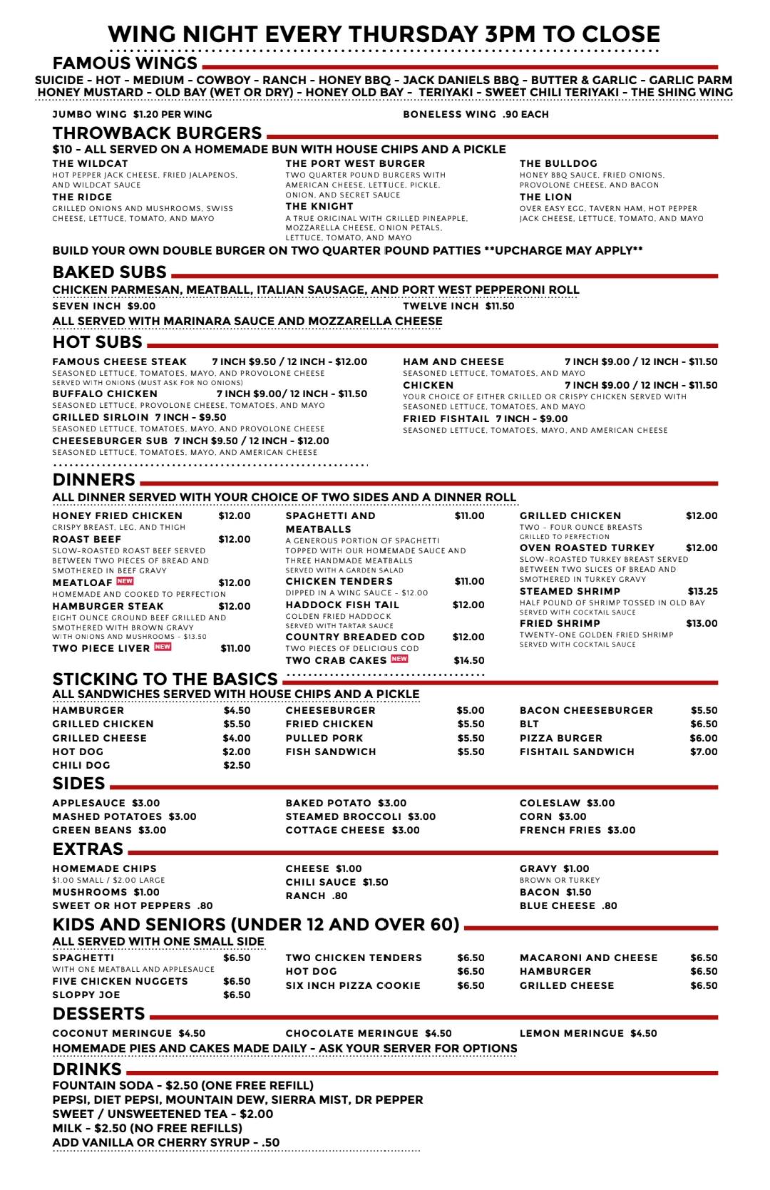 Menu at Port West Restaurant, Westernport