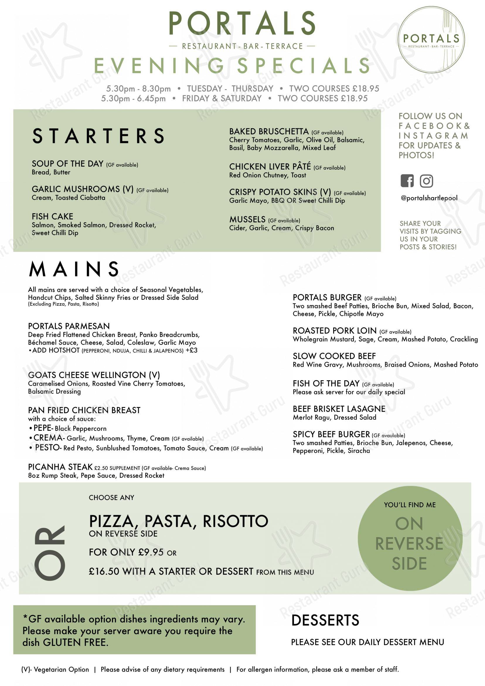 Menu at Portals Hartlepool restaurant, Hartlepool, Neptune House