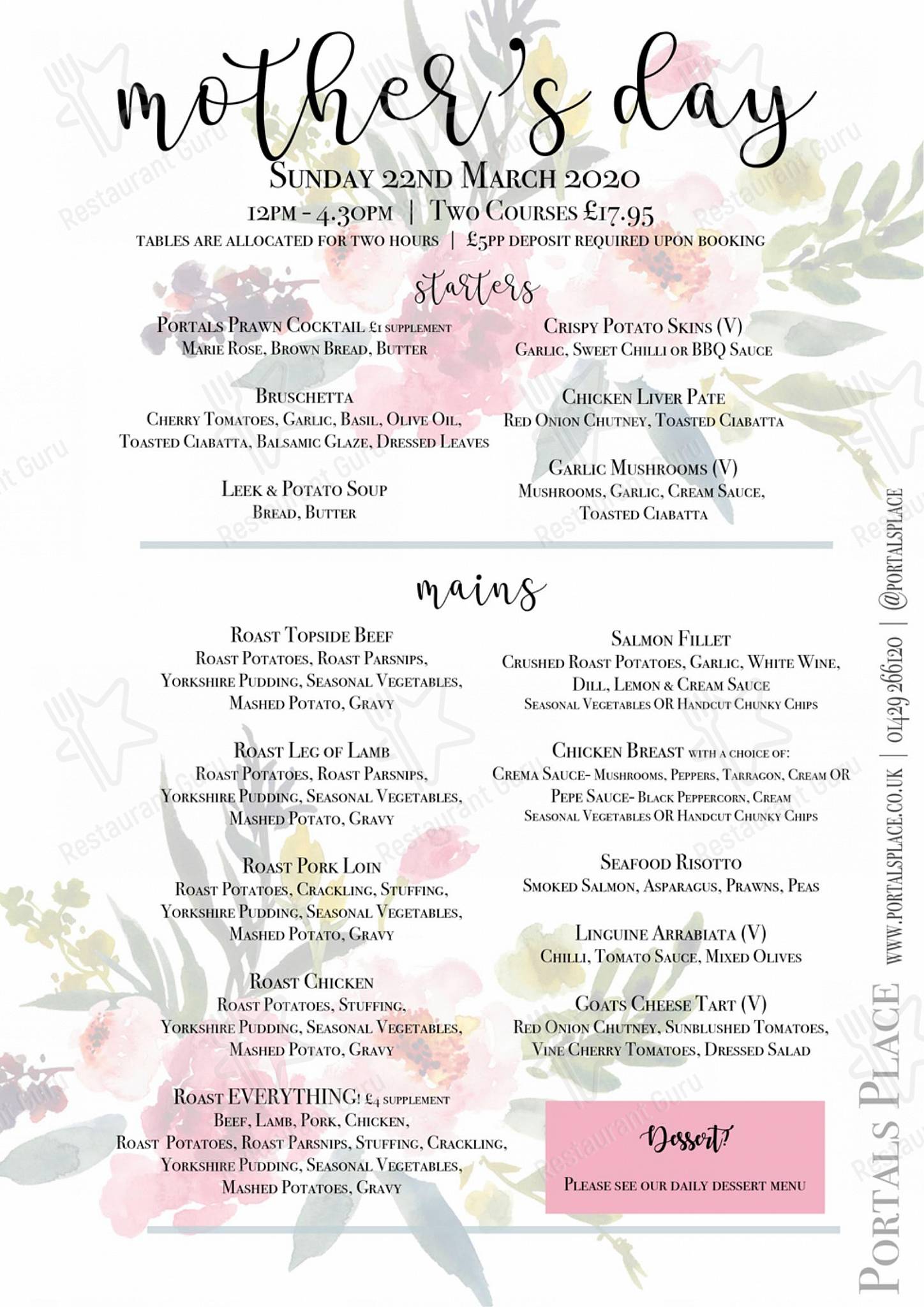 Menu at Portals Place restaurant, Hartlepool, 8 The Front