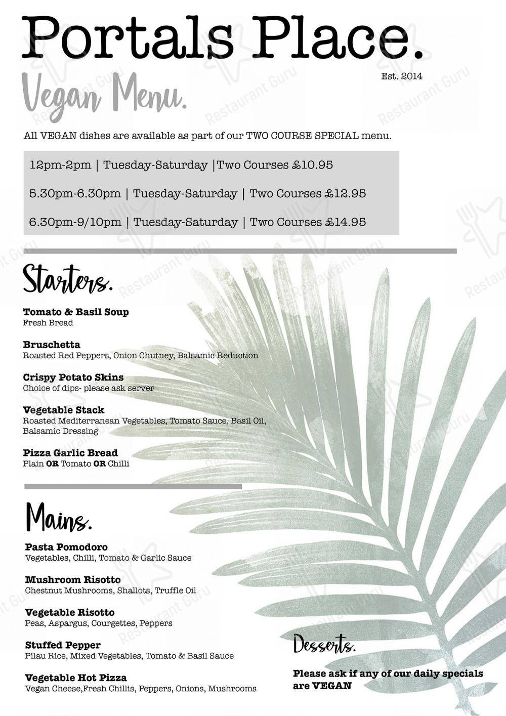 Menu at Portals Place restaurant, Hartlepool, 8 The Front