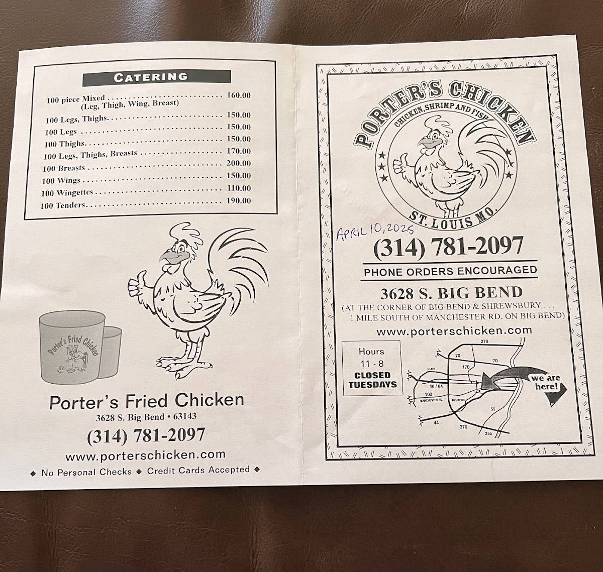 Menu at Porter's Fried Chicken restaurant, St. Louis