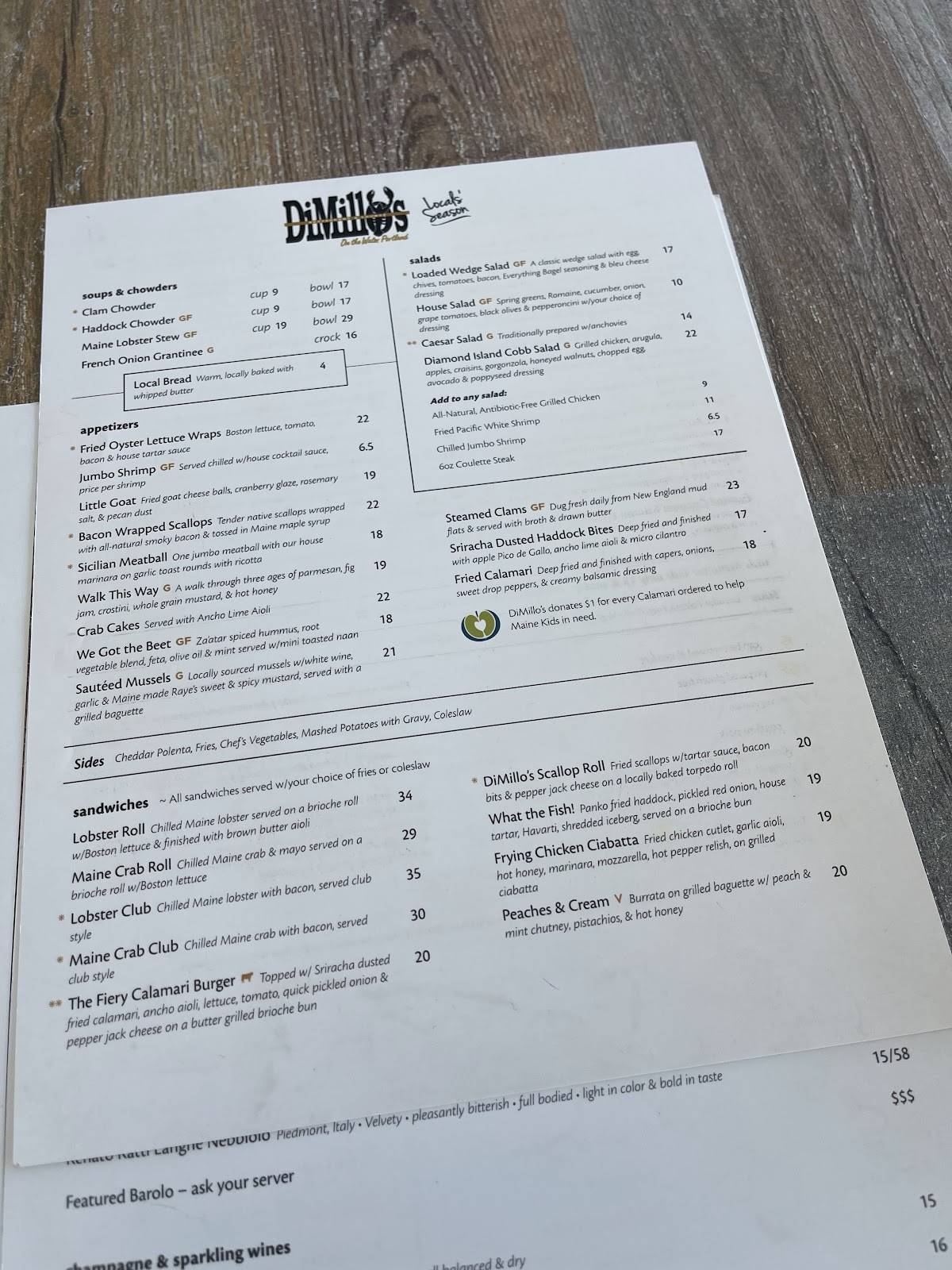Menu at DiMillo's On the Water restaurant, Portland