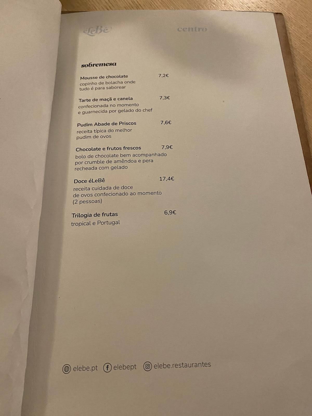 Menu at éLeBê Centro restaurant, Porto, Rua da Conceição 94