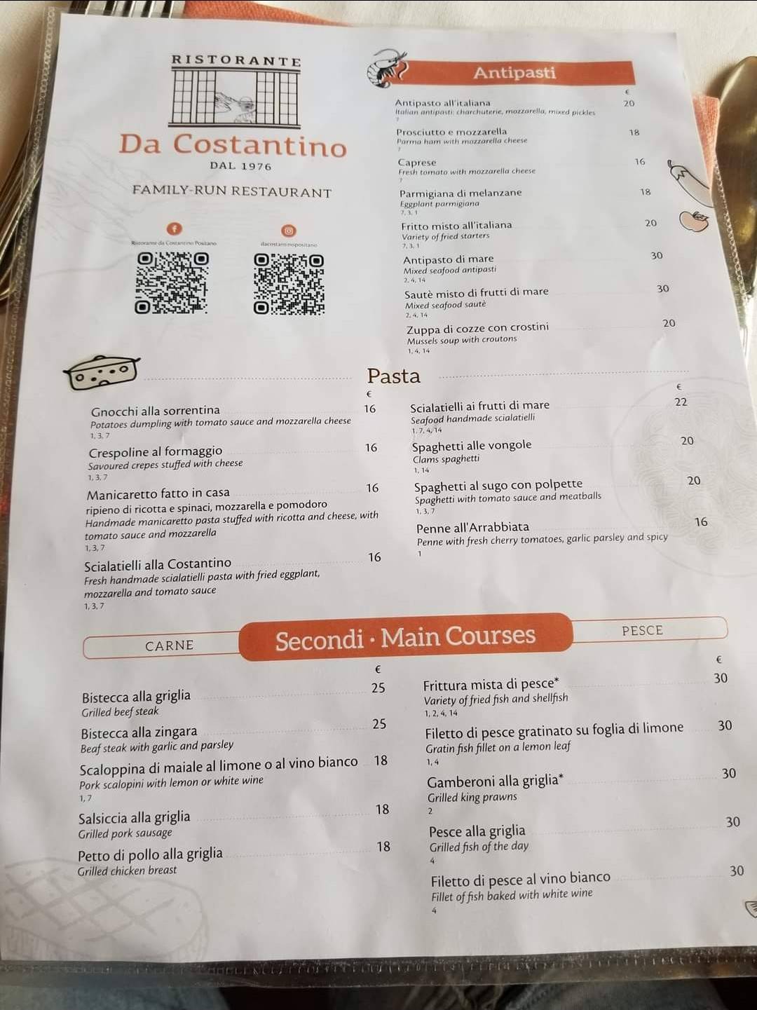 Menu at Ristorante Da Costantino, Positano