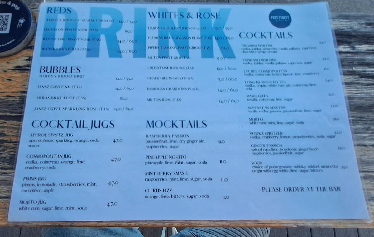 Menu at Post Street Social pub & bar, Hobart