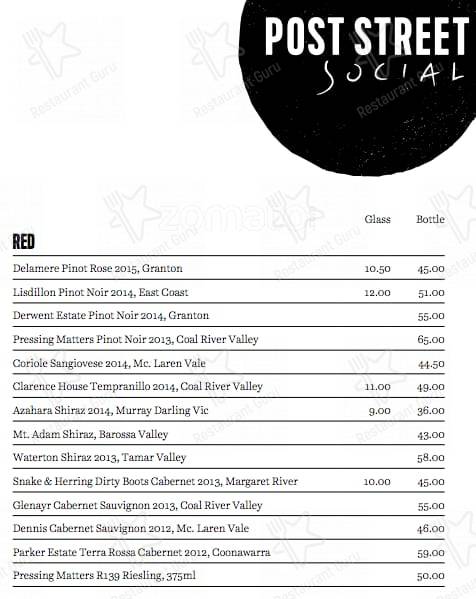 Carta de Post Street Social, Sandy Bay