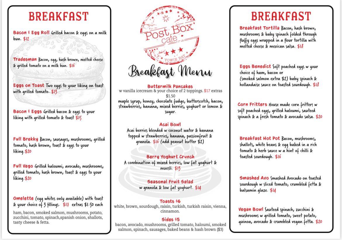 Menu at Postboxcafe, Yowie Bay