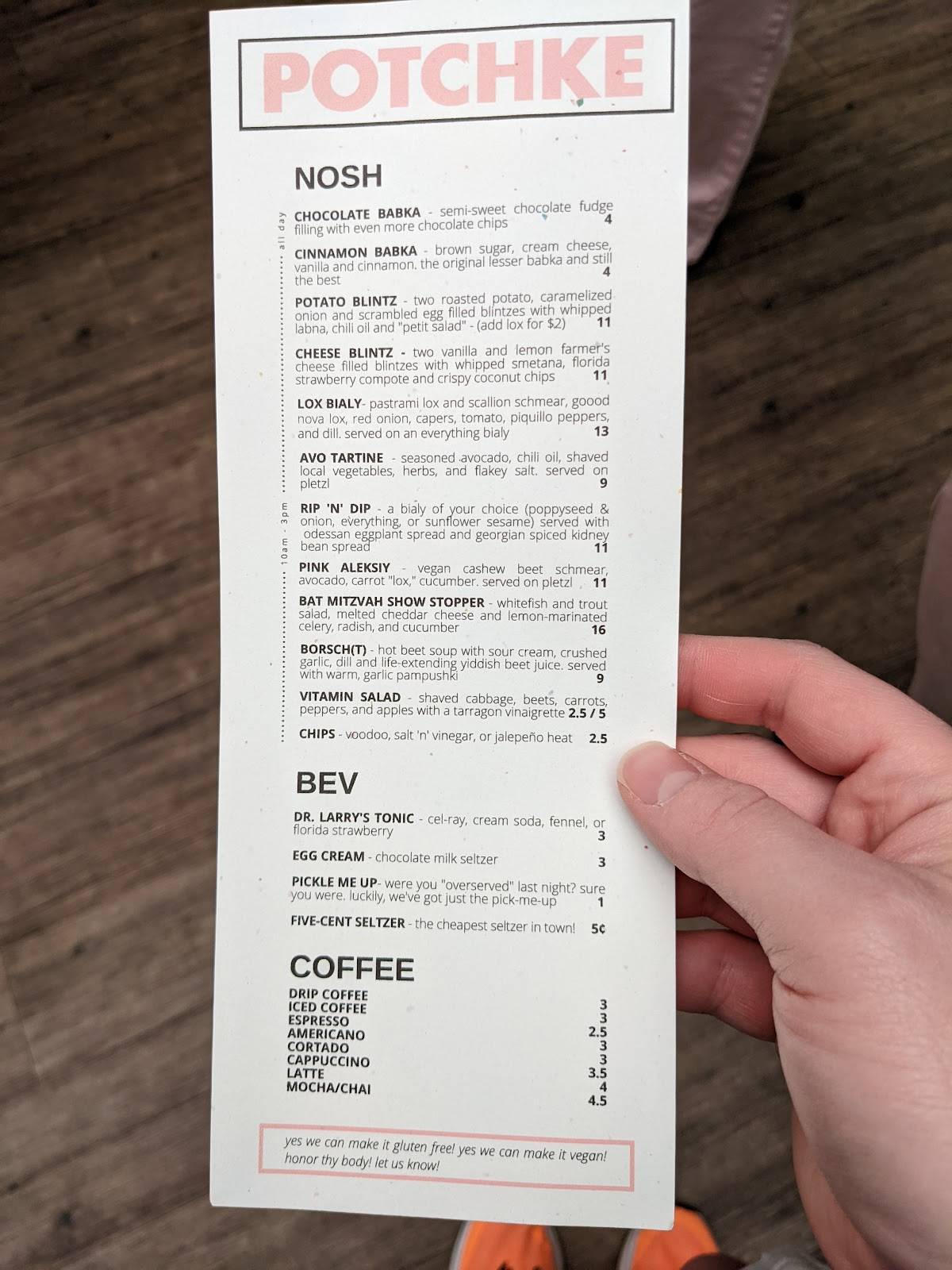 Menu at Potchke restaurant, Knoxville