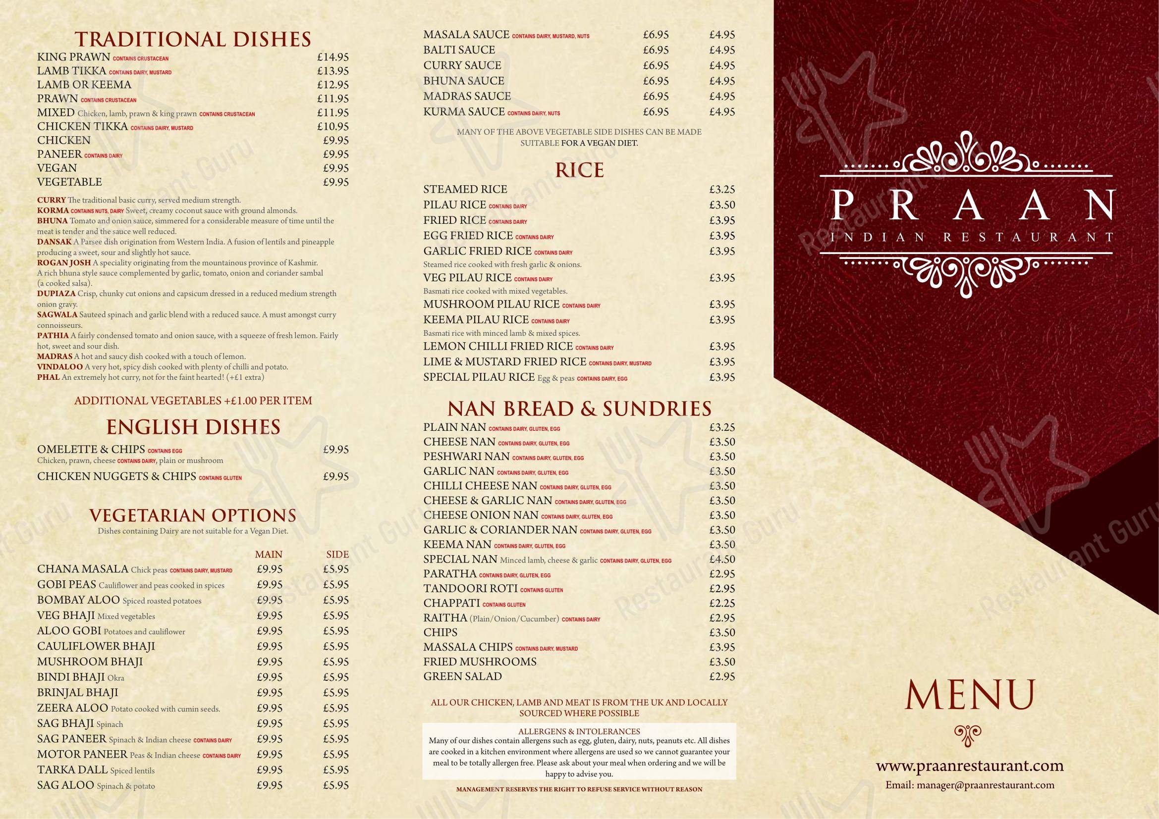 Menu at Praan Indian Restaurant, Belper