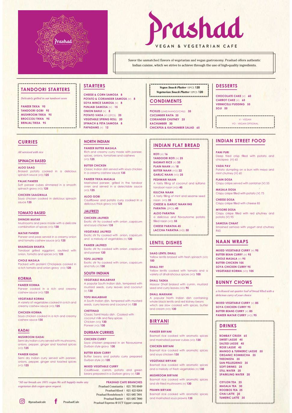 Menu at Prashad Cafe & Spices Constantia, Cape Town