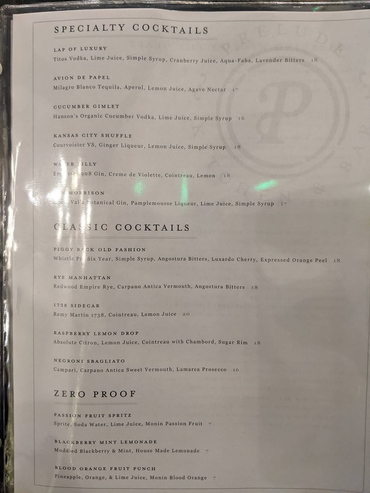 Menu at Prelude Kitchen & Bar, Sacramento