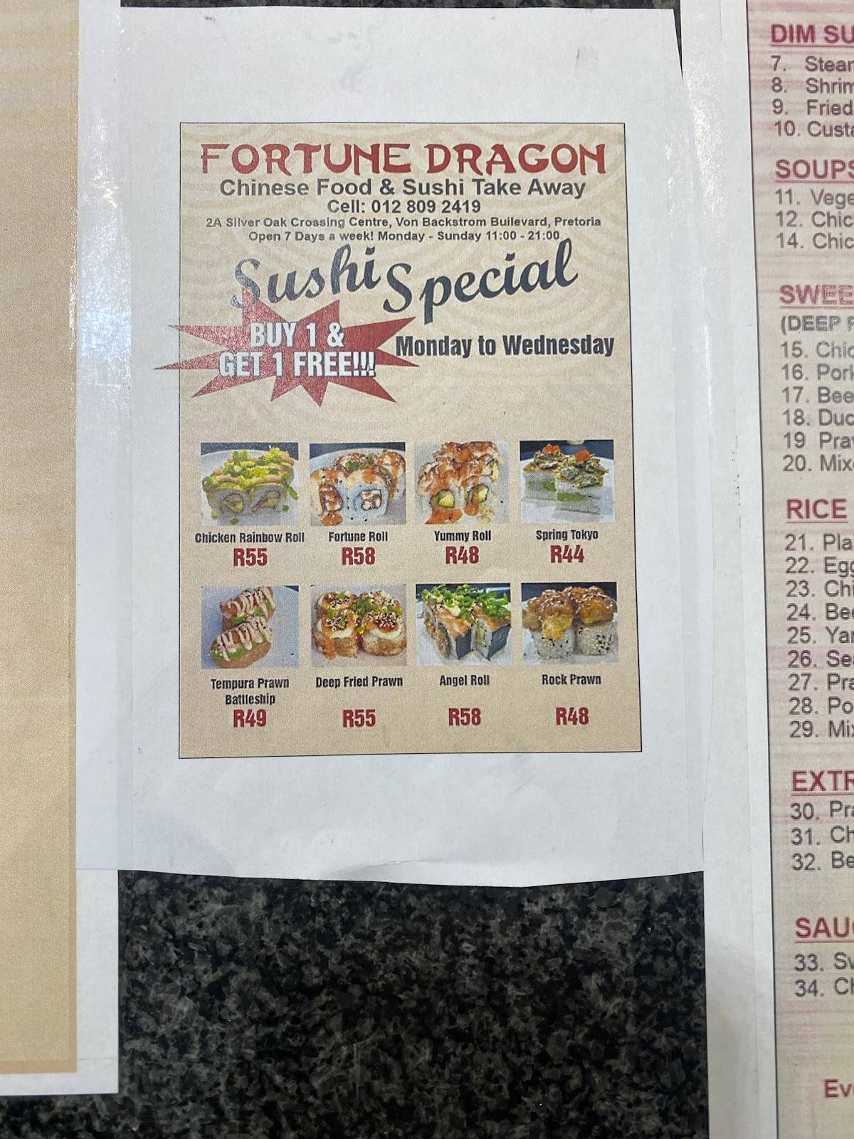 Menu at Fortune Dragon restaurant, Pretoria, Silver Oaks Crossing