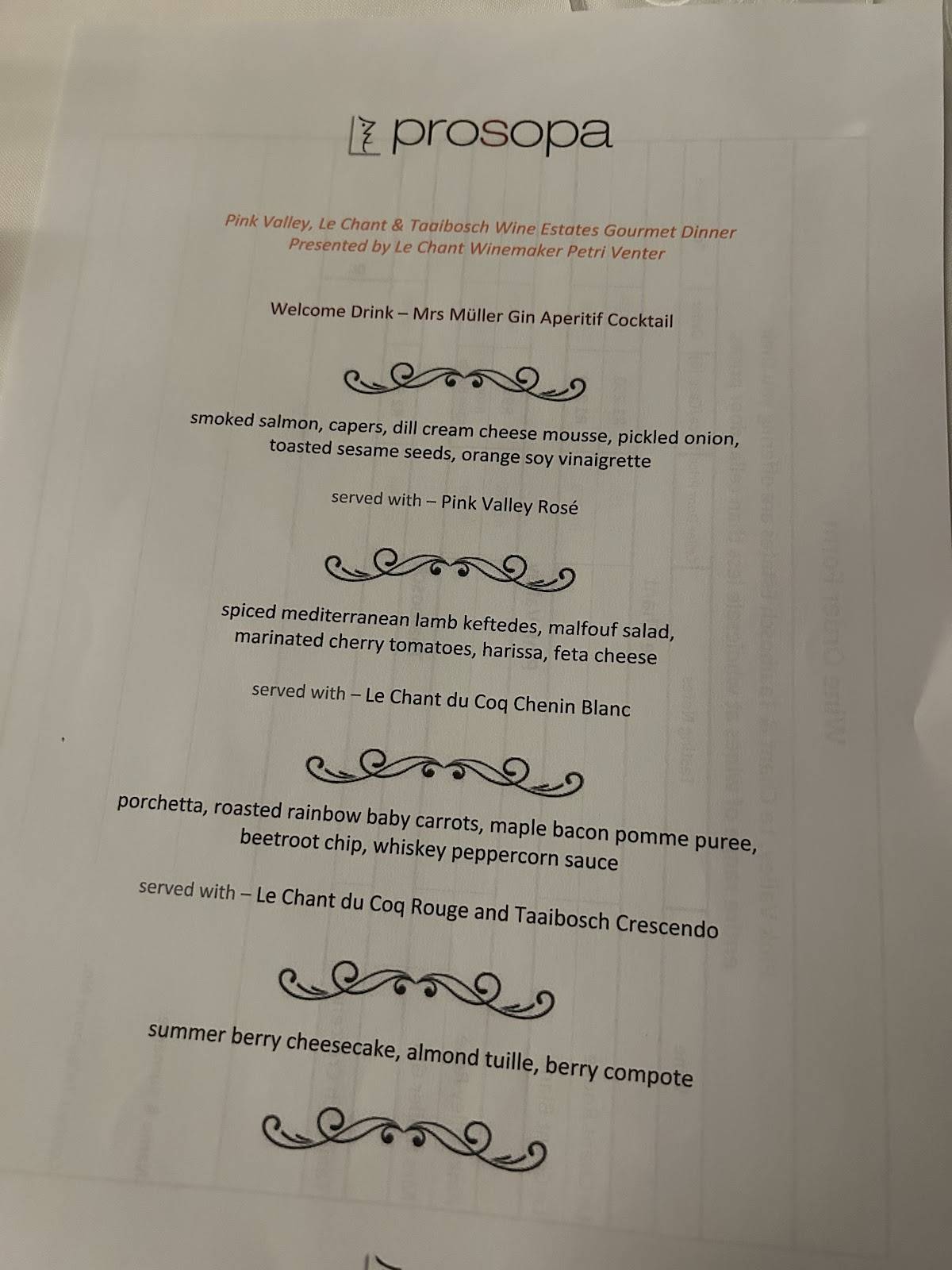 Menu at Prosopa Restaurant, Pretoria