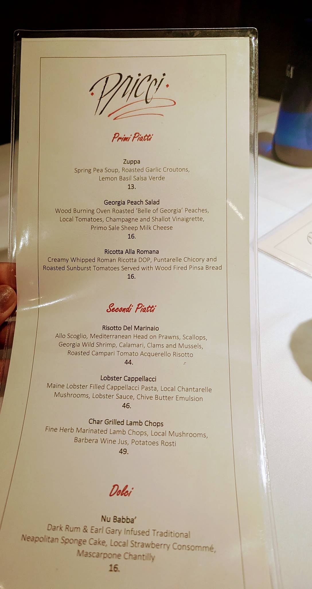 Menu at Pricci restaurant, Atlanta, 500 Pharr Rd NE