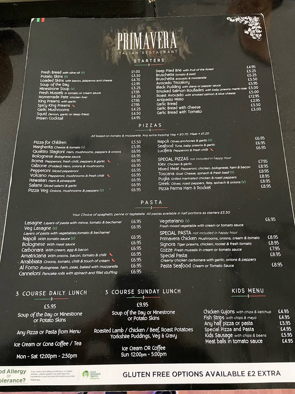 Menu at Primavera restaurant, Gateshead