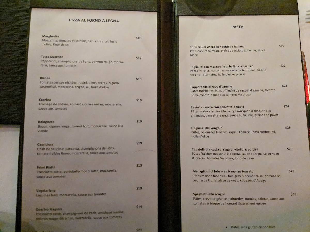 Menu au Primi Piatti restaurant, Saint-Lambert