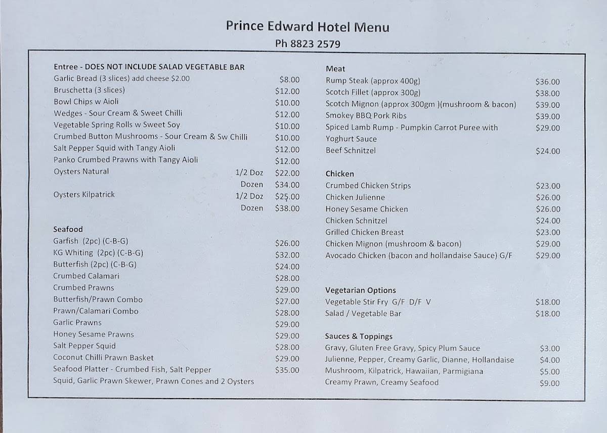 Menu at Prince Edward Hotel restaurant, Wallaroo