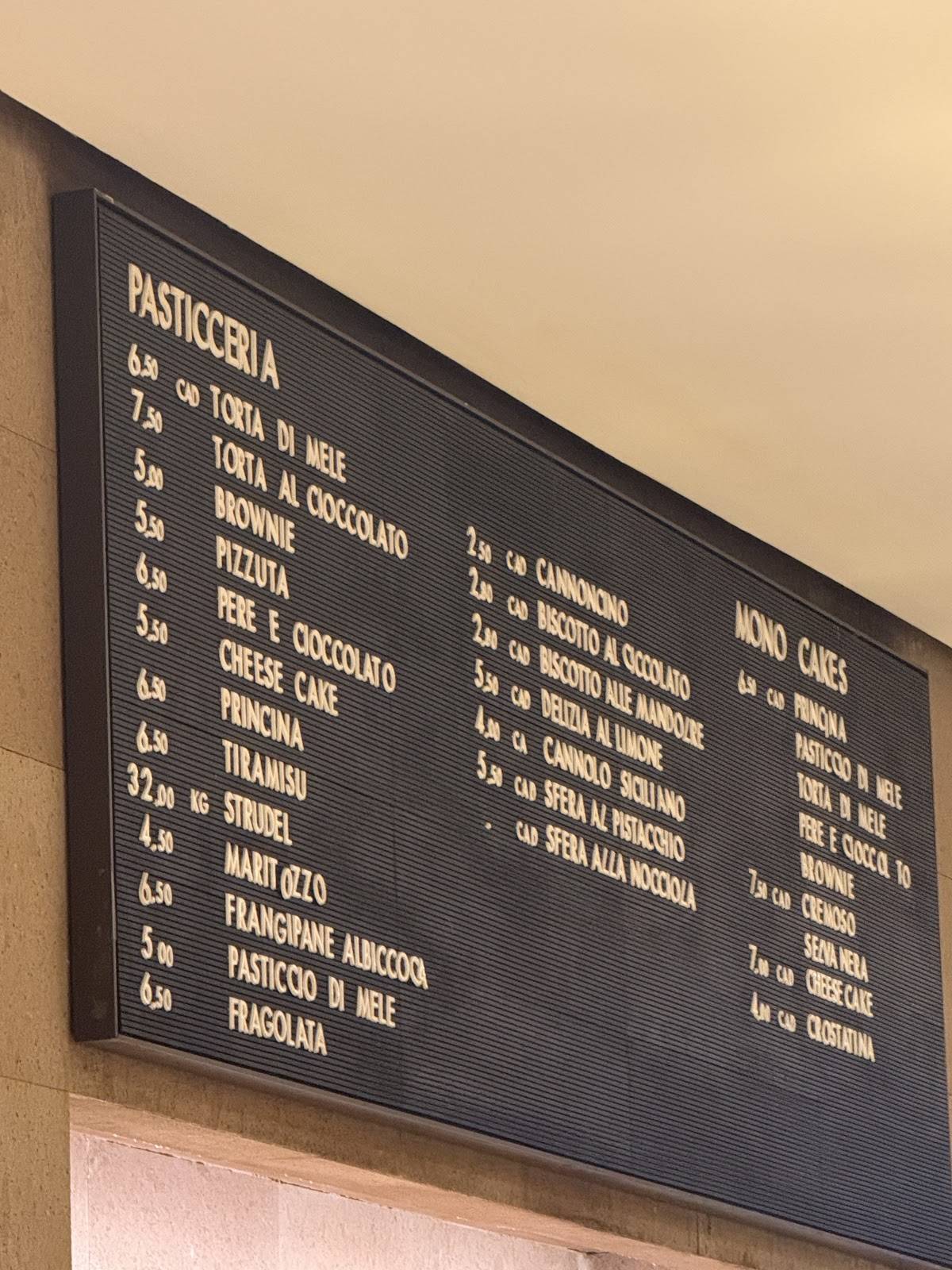 Menu at Princi cafeteria, Milan, Via Speronari