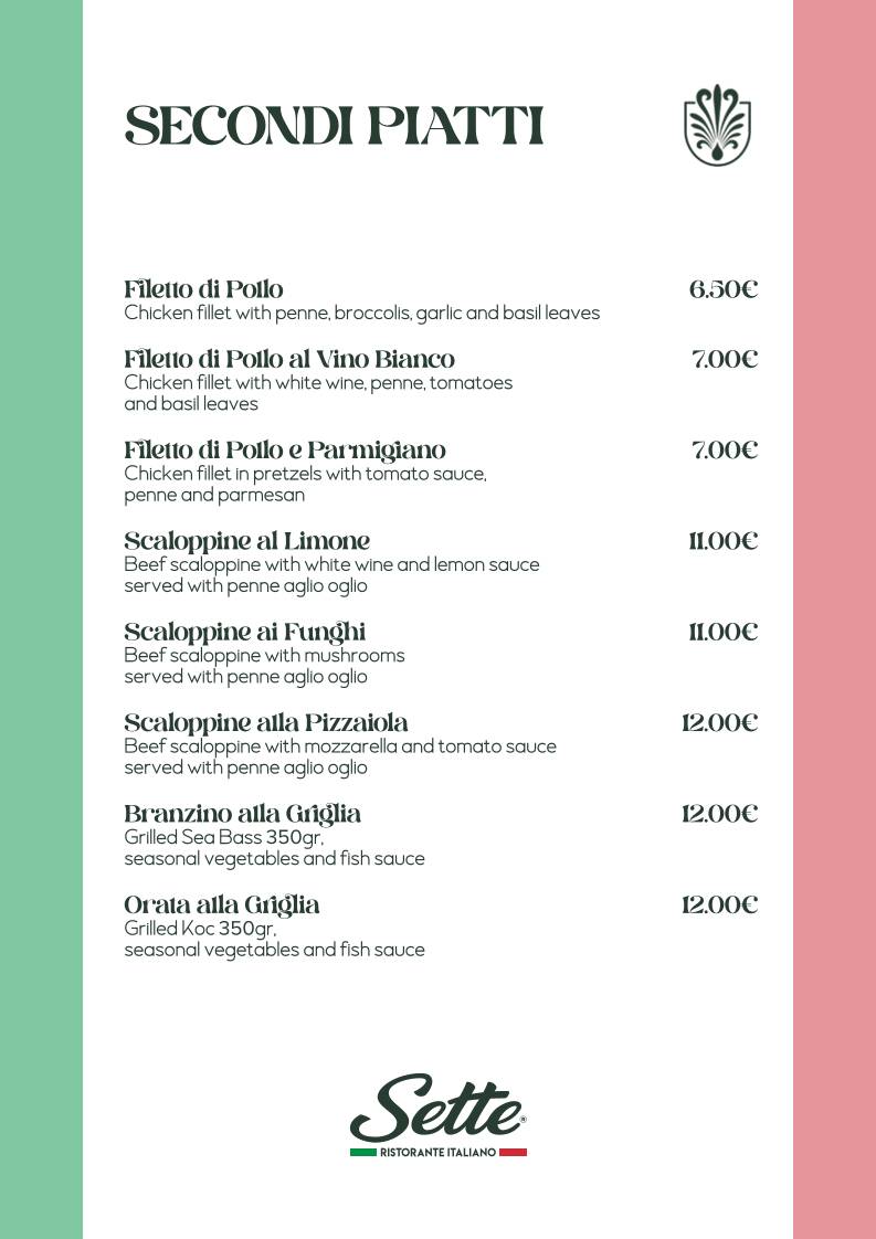 Menu at SETTE - Ristorante Italiano restaurant, Prishtina